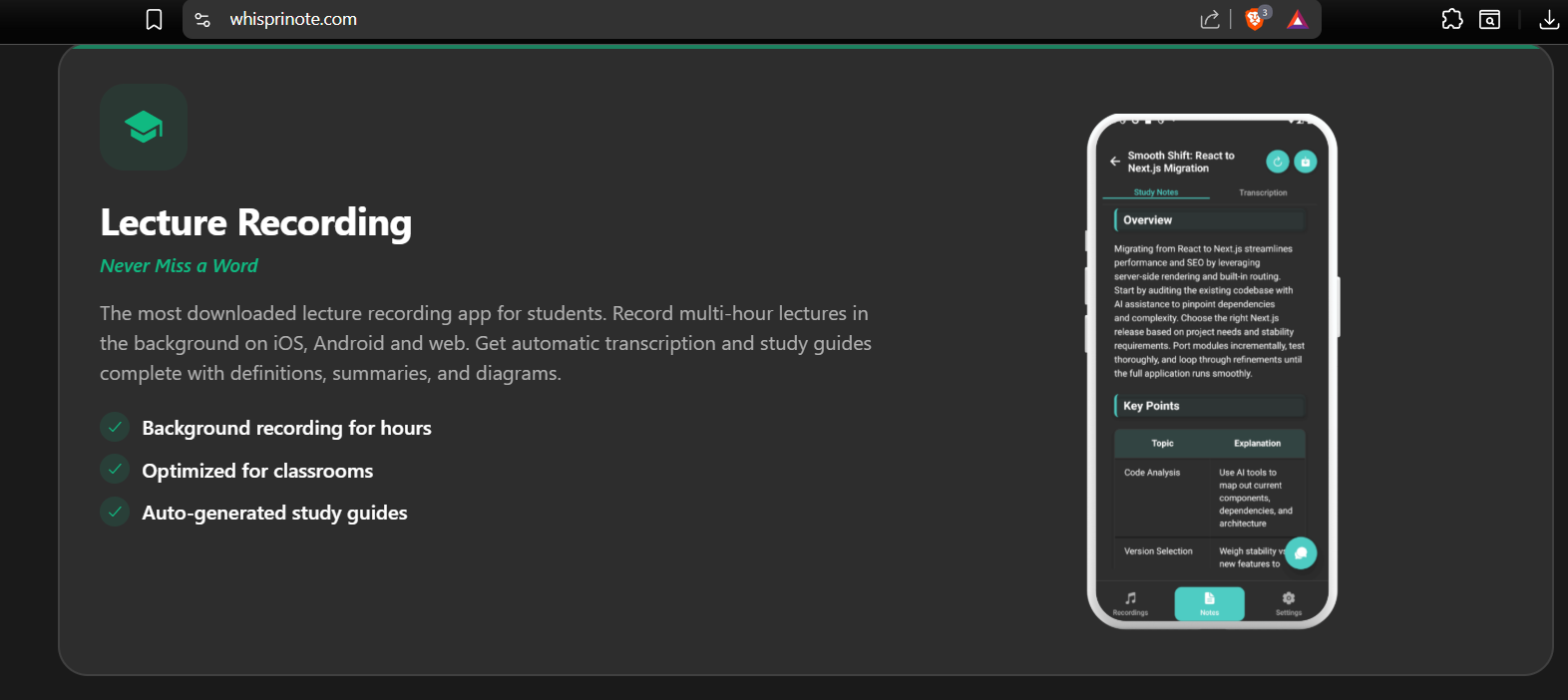 Whisprinote | AI lecture note taker, Transcription & study notes